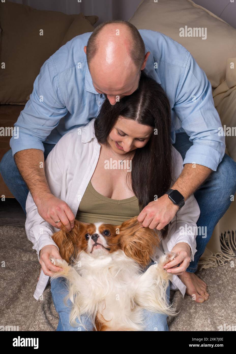 Happy family with a dog. A woman holds in her arms Cavalier King ...