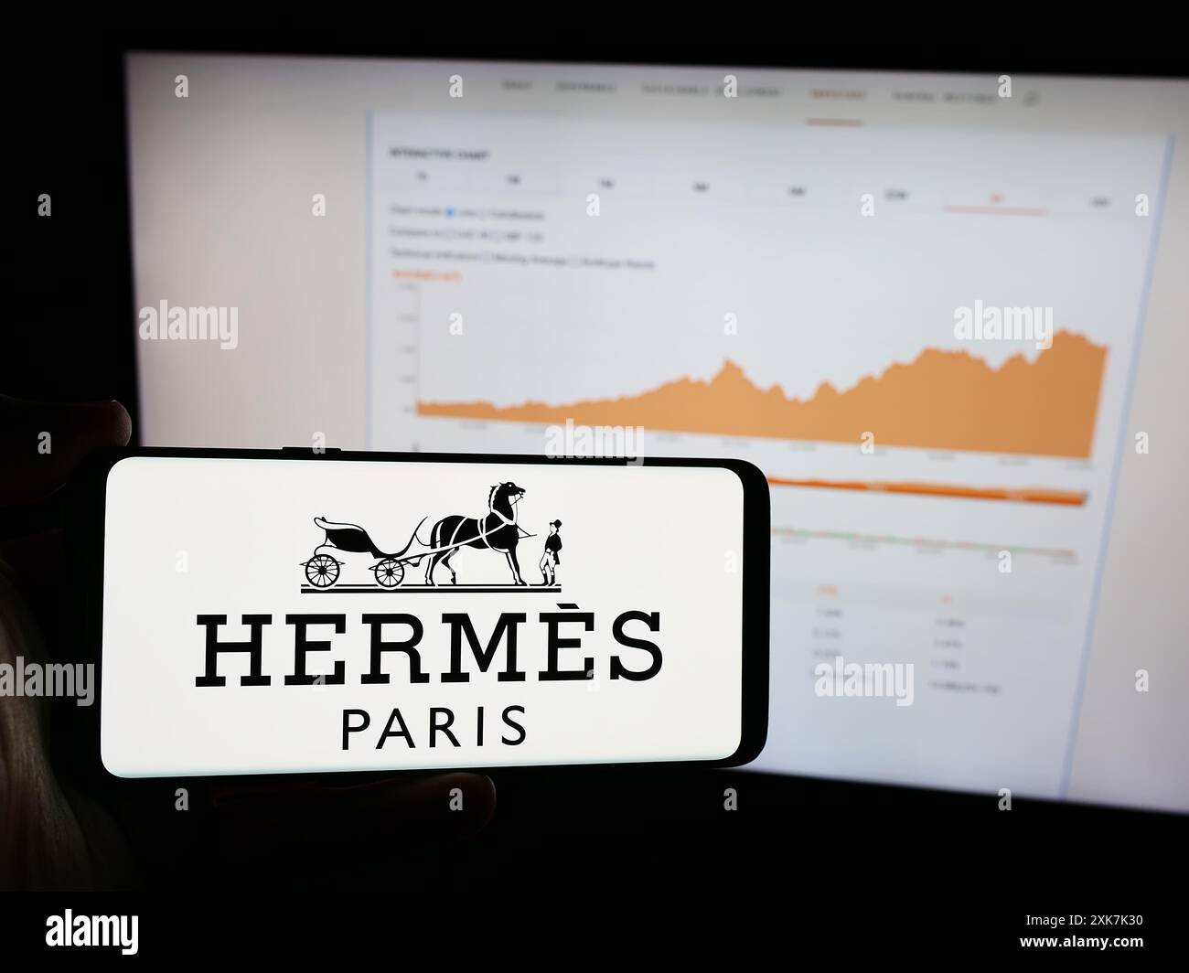 Person holding mobile phone with logo of French luxury company Hermes International SA in front ...