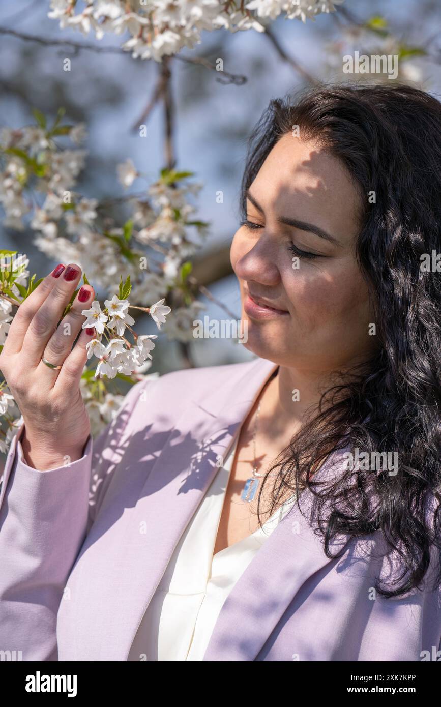 romantic image of a stylish woman in a light jacket. Positive, spring ...