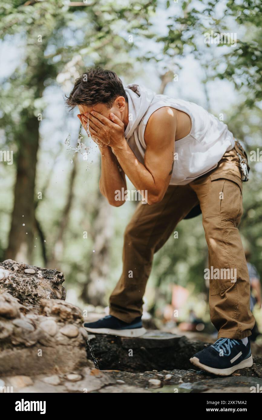 Young man refreshing himself with water from a natural stream in a ...
