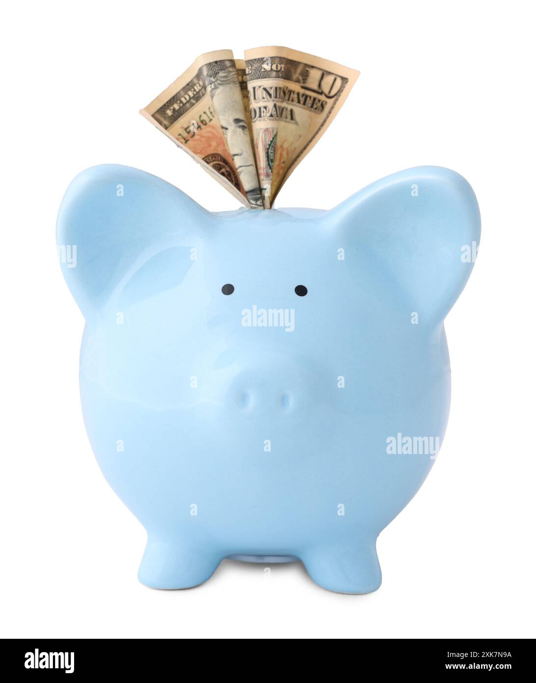 Light blue piggy bank with money on white background Stock Photo - Alamy