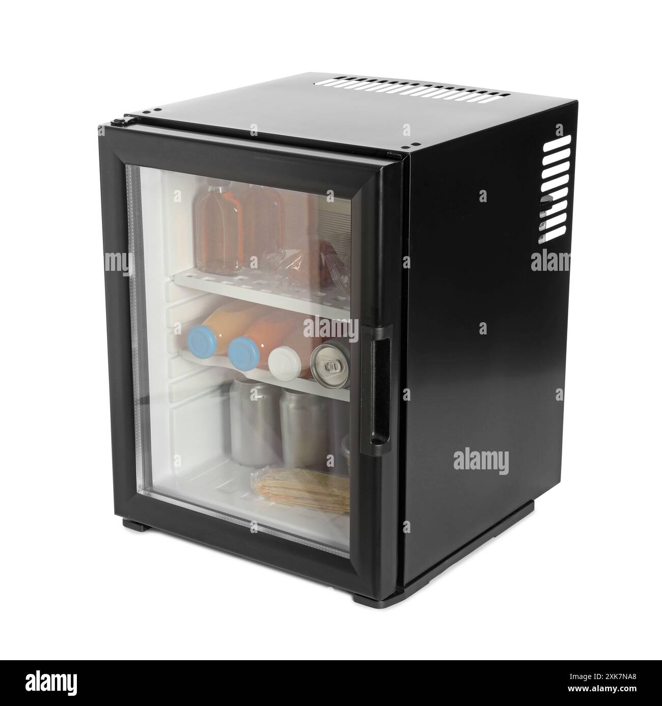 Mini refrigerator with drinks isolated on white Stock Photo - Alamy
