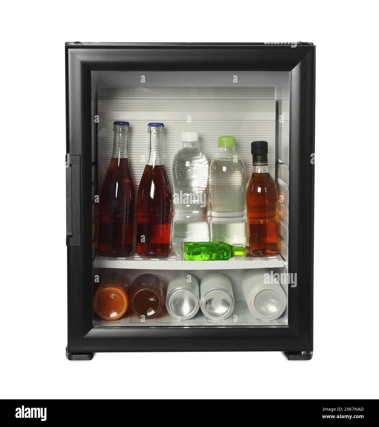 Mini refrigerator with drinks isolated on white Stock Photo - Alamy