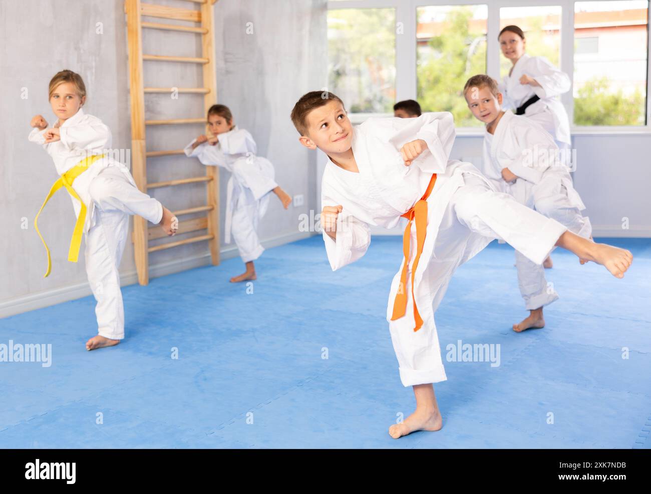 Children in kimono standing in fight stance during group karate ...