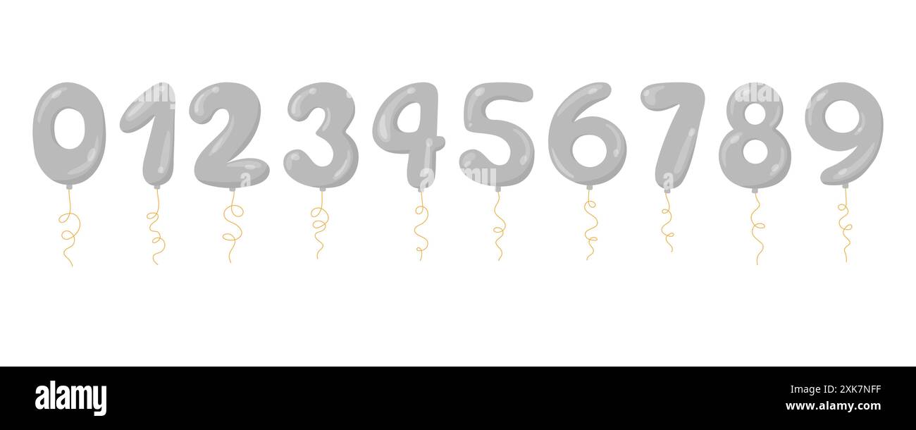 Balloons numbers vector set. Flat style helium balloons silver colored ...