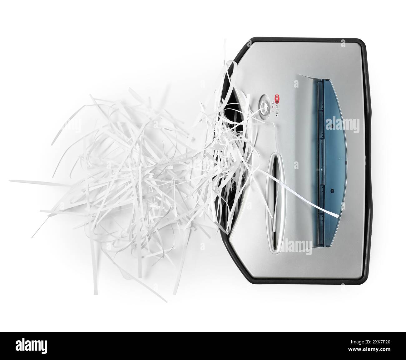Shredder and paper strips isolated on white, top view Stock Photo - Alamy
