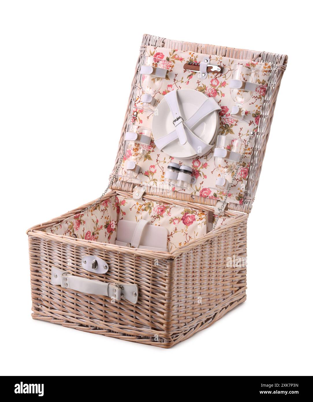 One open picnic basket with tableware isolated on white Stock Photo - Alamy