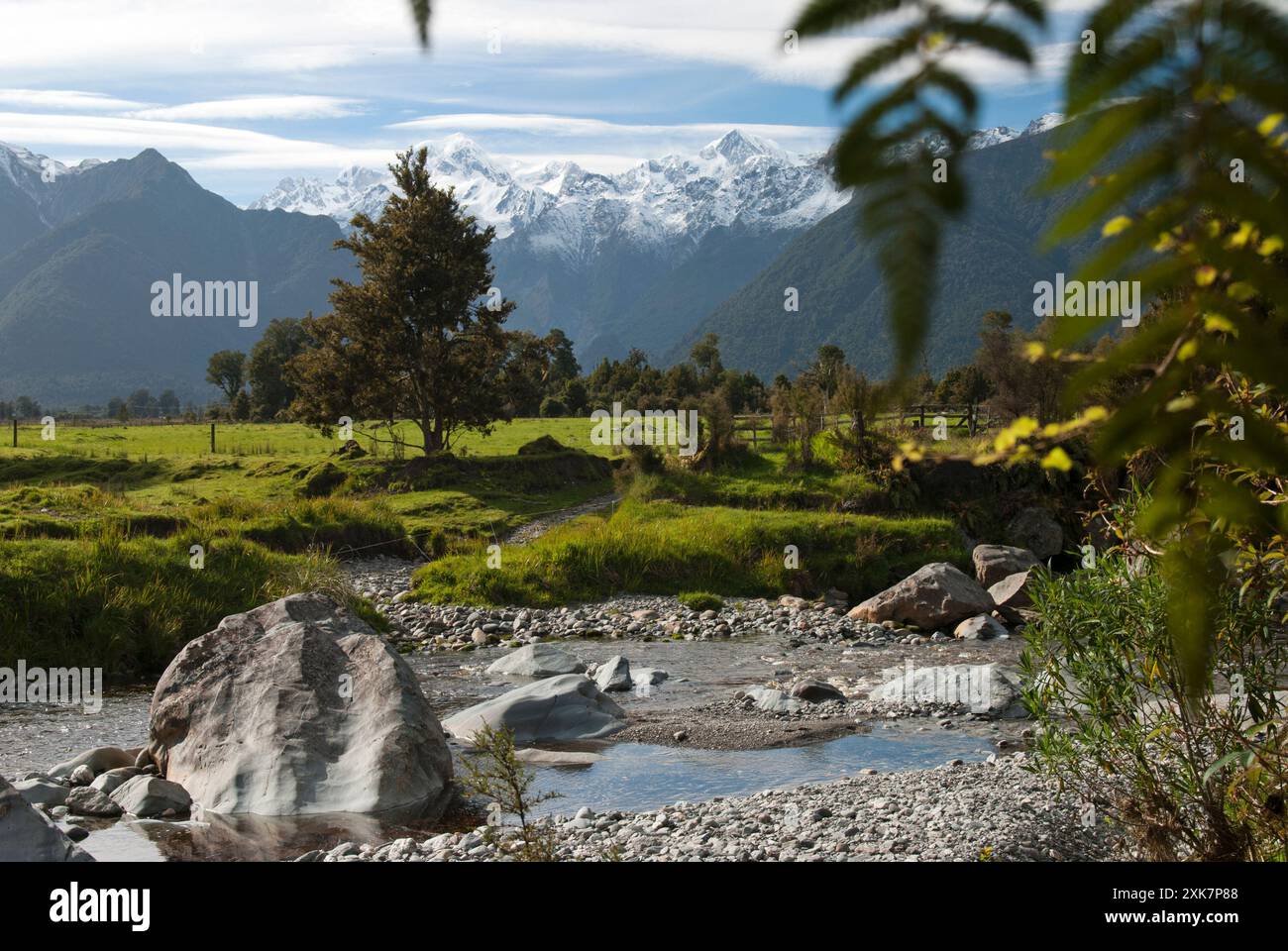 Mount Tasman and Mount Cook view from road path to Lake Matheson near ...