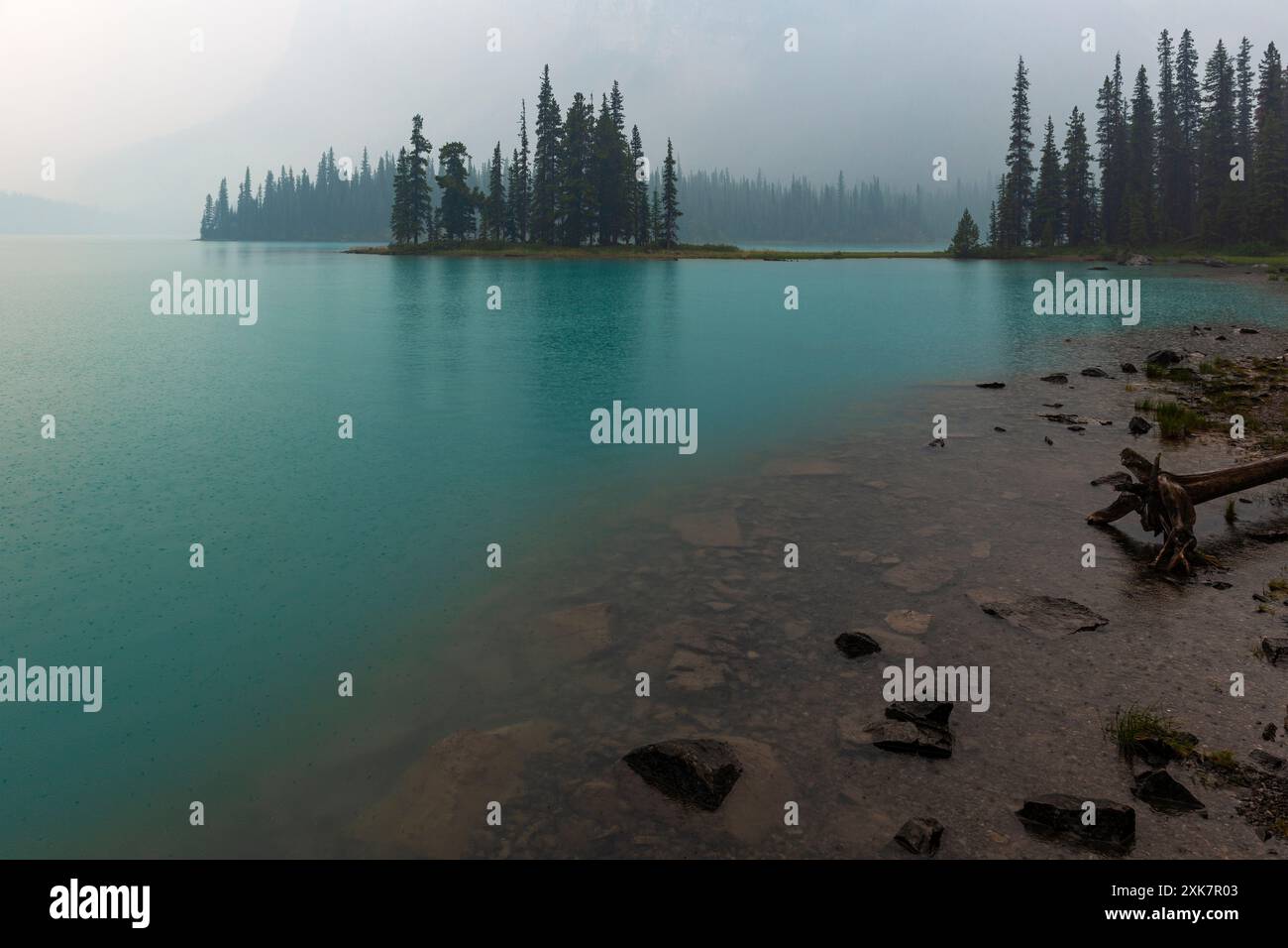 Spirit Island in rain and fog, Jasper national park, Canada Stock Photo ...