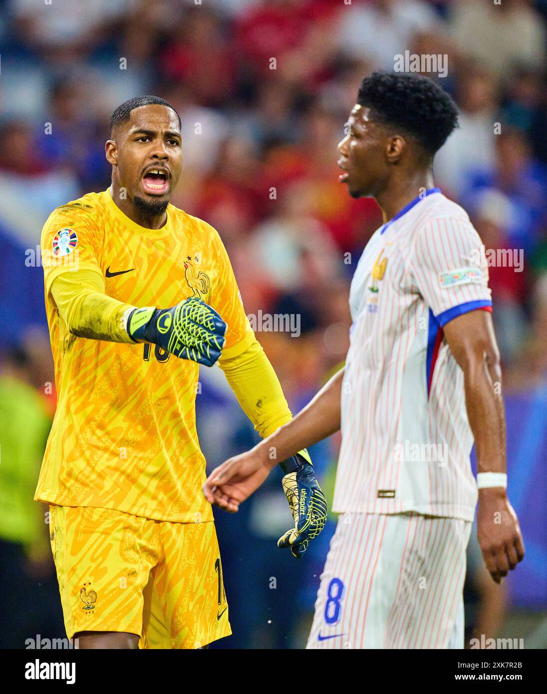 Mike Maignan, FRA 16 goalkeeper, Aurelien Tchouameni, FRA 8 in the semi ...