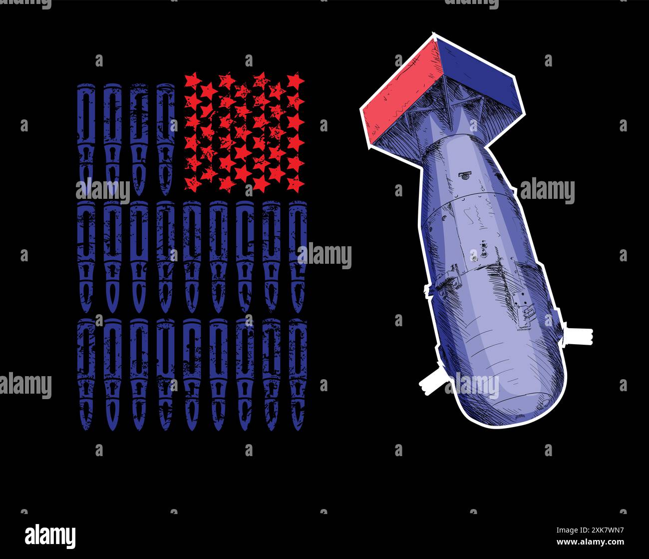 T-shirt design of an atomic bomb next to a US flag made up of ...