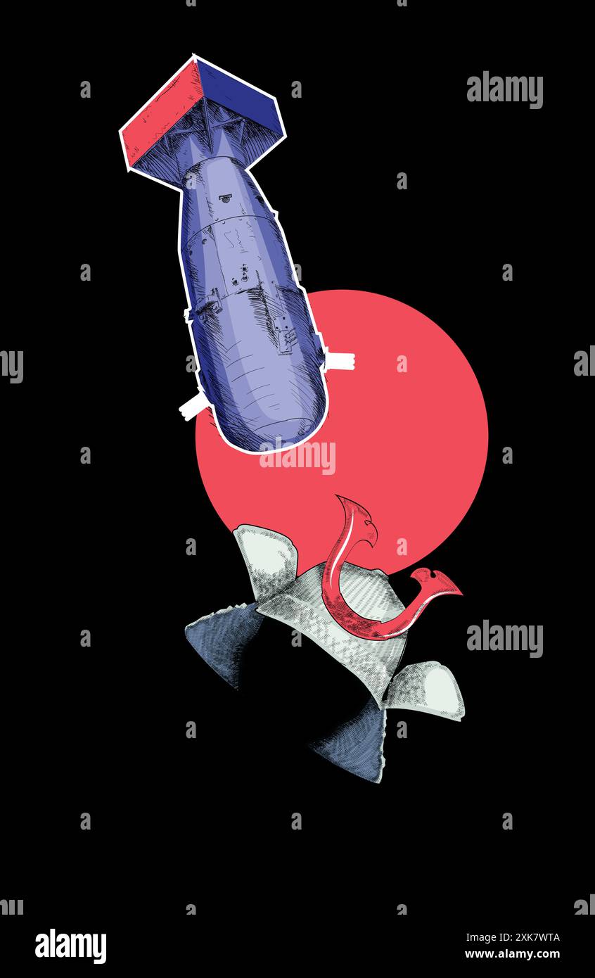 T-shirt design of an atomic bomb next to a Japanese samurai helmet on a ...