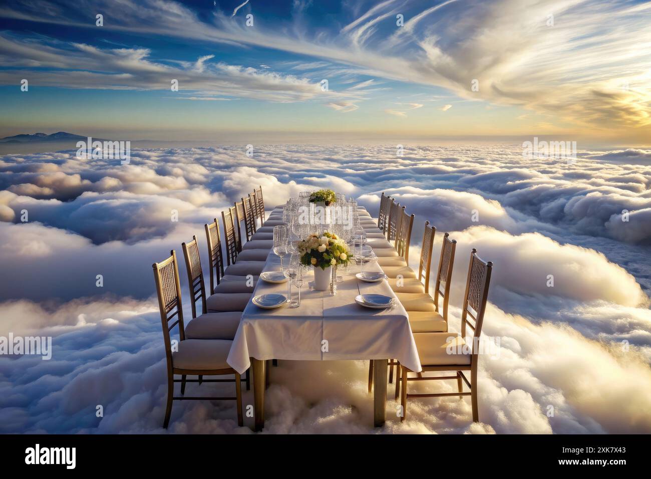 Surreal Banquet in the Clouds Long Table with White Tablecloths Stock ...