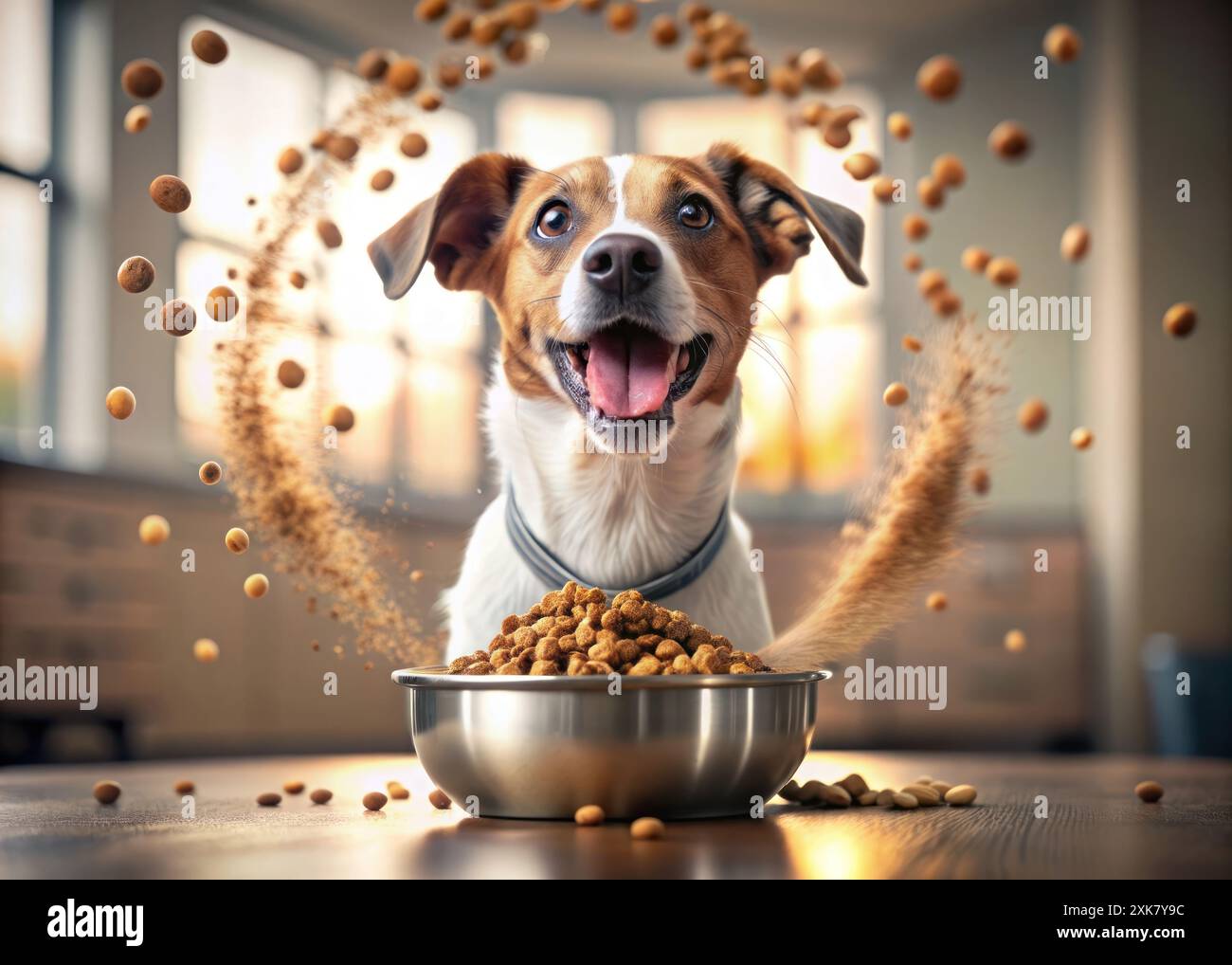 Feeding Hungry Dog: Granules Flying in Air Around Funny Dog's Face ...