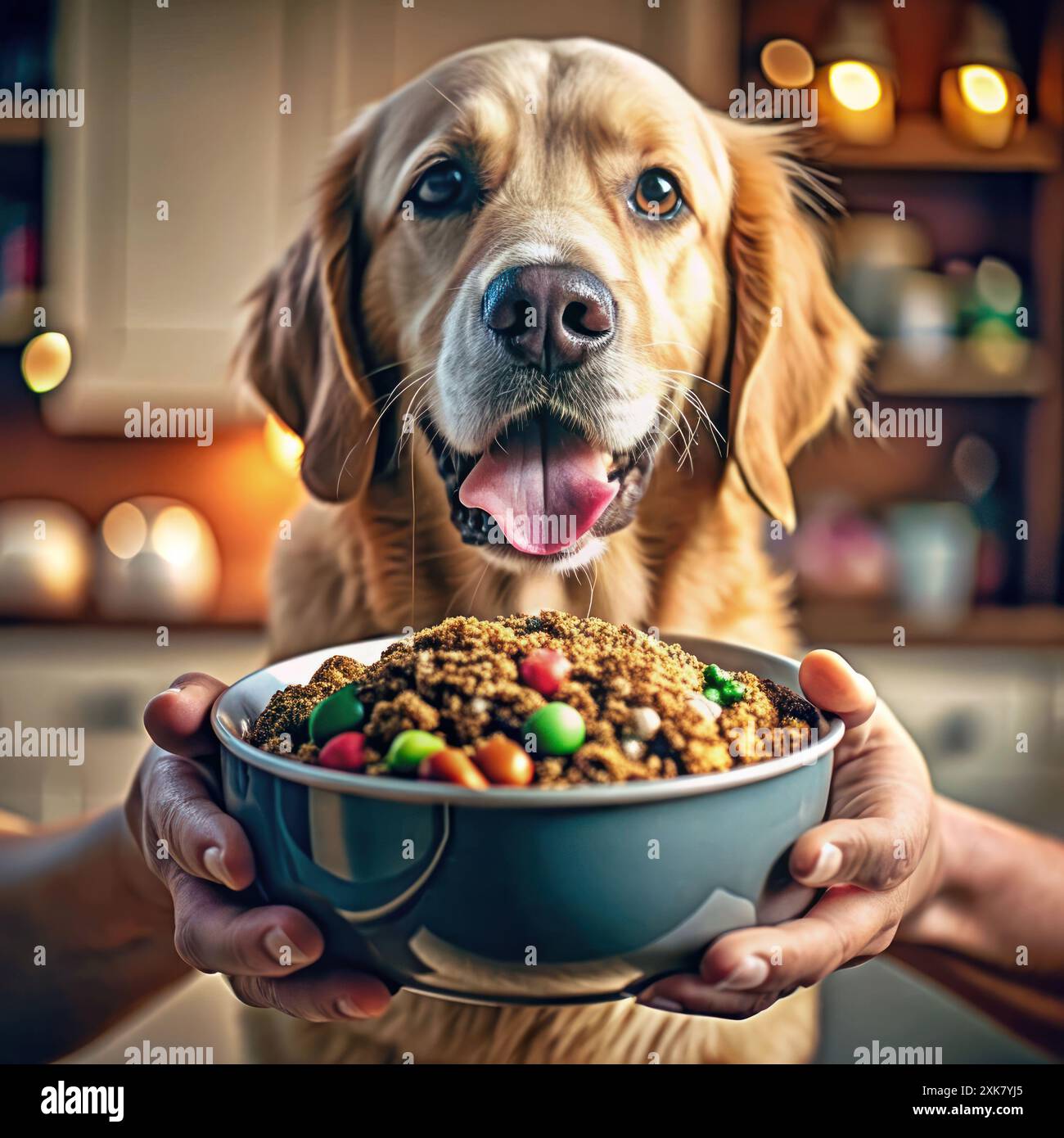 Feeding Hungry Dog: Granules Flying in Air Around Funny Dog's Face ...