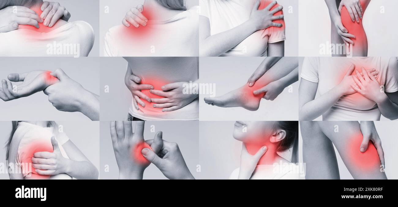 Healthcare concept. Collage with woman suffering from pain in different ...