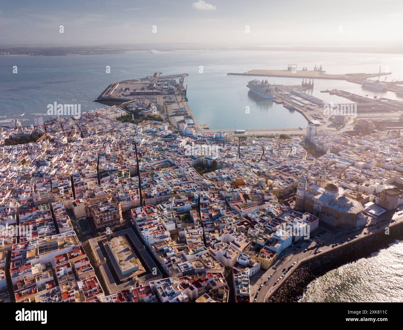 Aerial view of old town Cadiz with port and buildings at seashore Stock ...