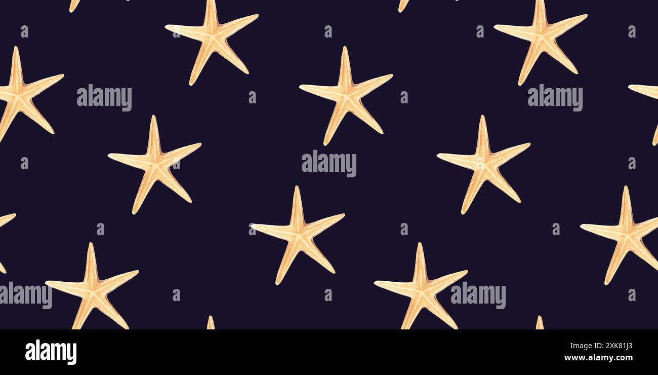 Starfish Watercolor Under the sea hand drawn seamless pattern on a dark ...