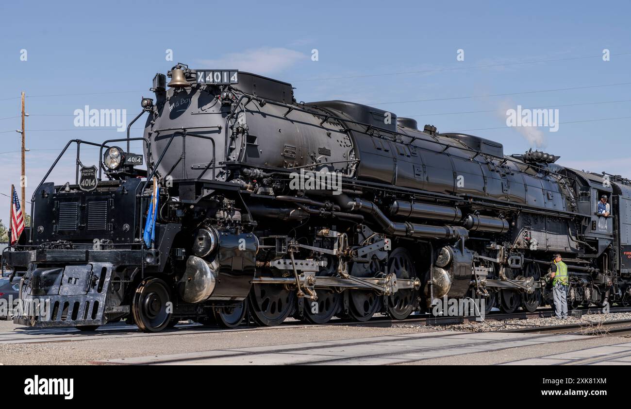 Union Pacific steam locomotive 4014 pauses at a grade crossing in Wells Nevada Stock Photo - Alamy