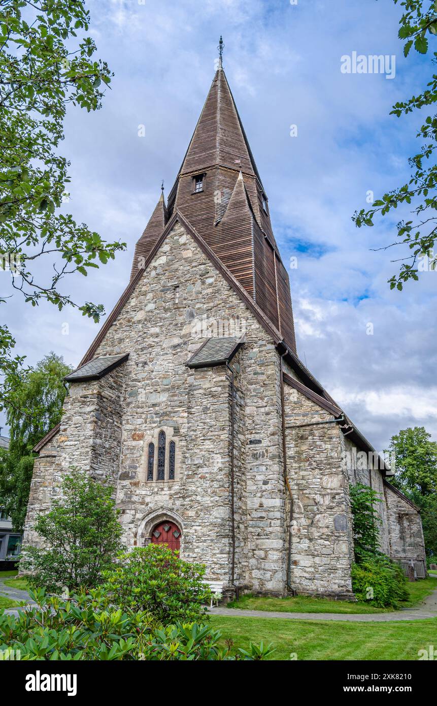 Voss Church in the village of Vossevangen, Norway. The gray, stone ...