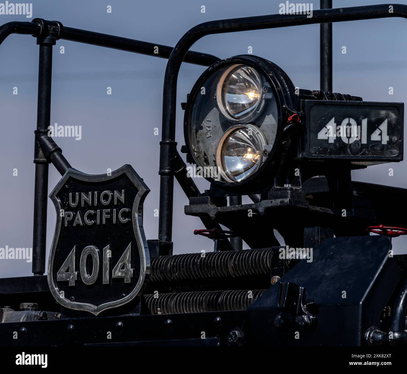 Number plates and lights on the front of Union Pacific steam locomotive ...