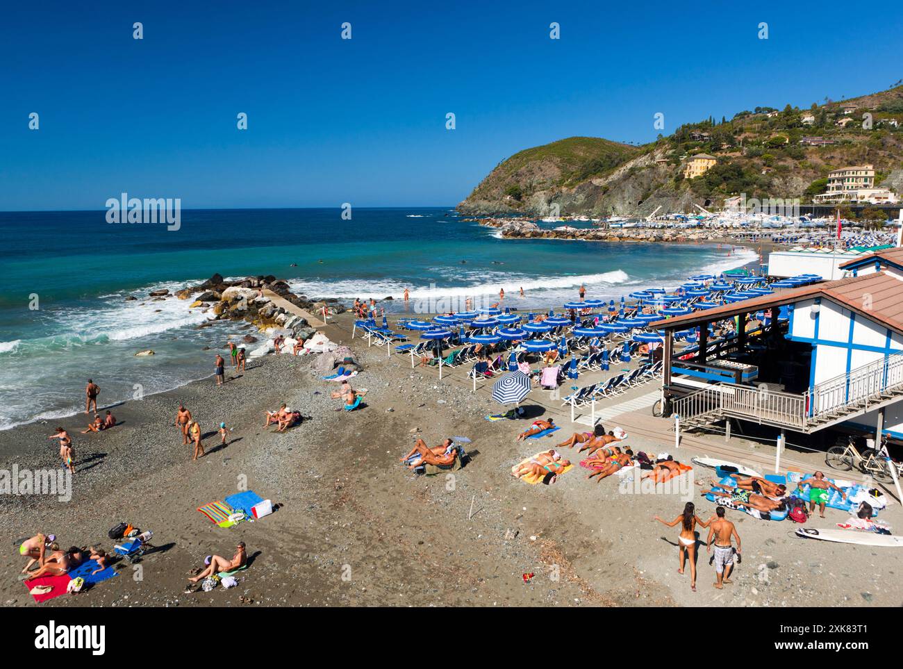 Sunbathers on the beach at Levanto, Comunita Montana della Riviera ...