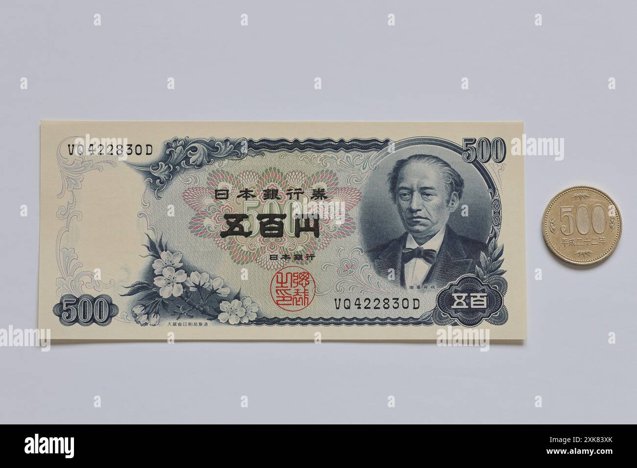 Appearance Comparison between Old and New Five Hundred Yen. 500 Yen Note and 500 Yen Coin in ...