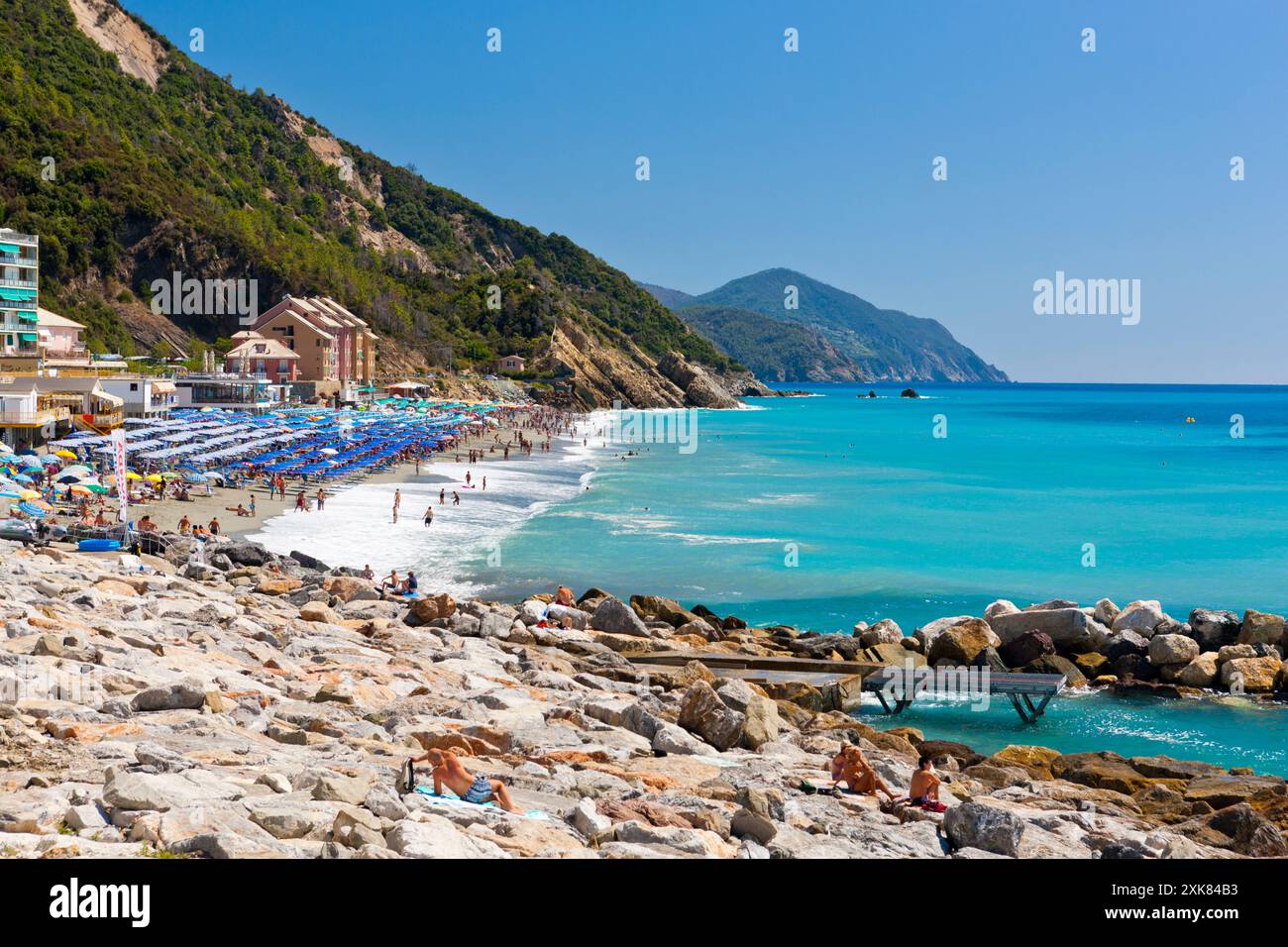 Sunbathers on the beach at Deiva Marina, Province of La Spezia, Cinque ...