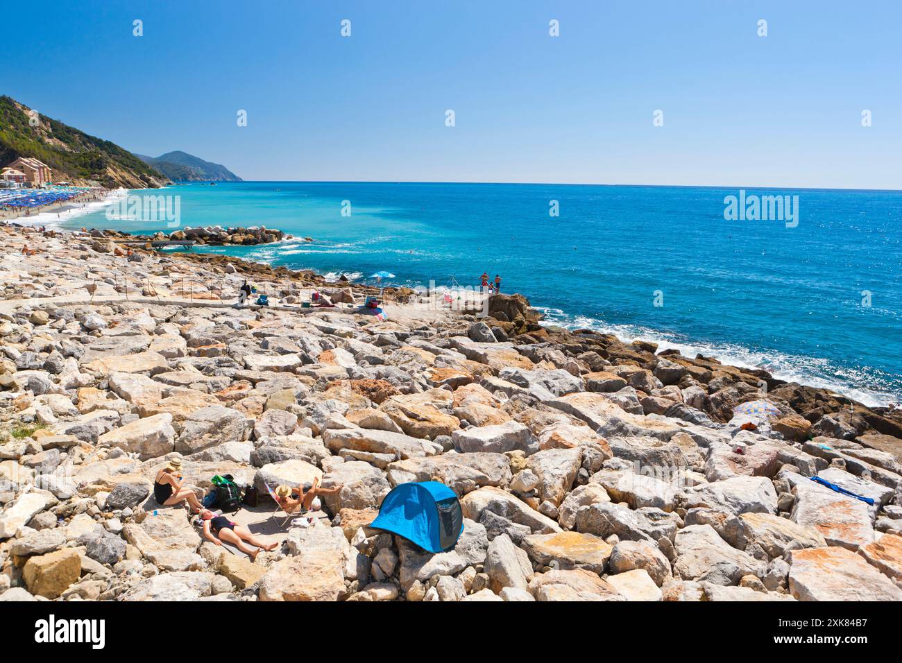 Sunbathers on the beach at Deiva Marina, Province of La Spezia, Cinque ...