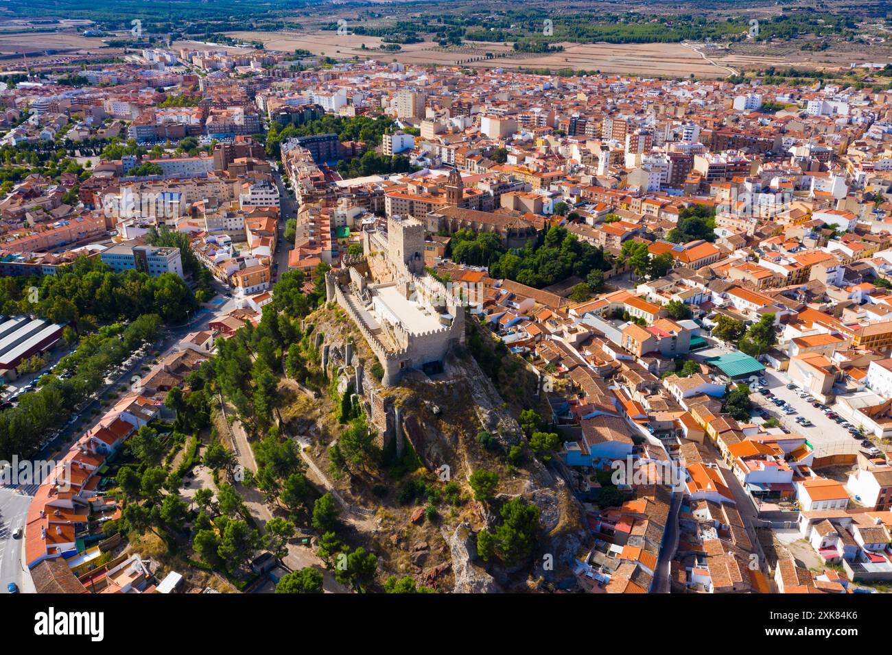 Aerial view of Spanish town of Almansa with Castle on hilltop Stock ...