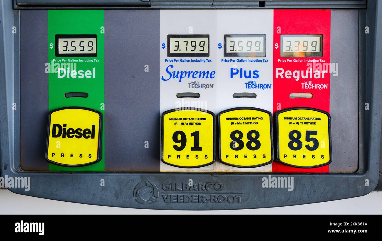 Provo, UT, USA - June 10, 2024; Gasoline octane rating sign on pump ...