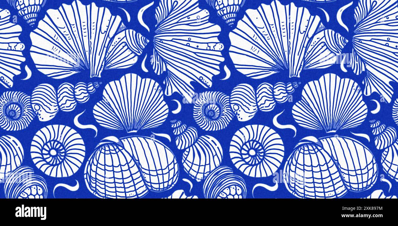 Azure blue white shell motif with linen seamless batik border ...