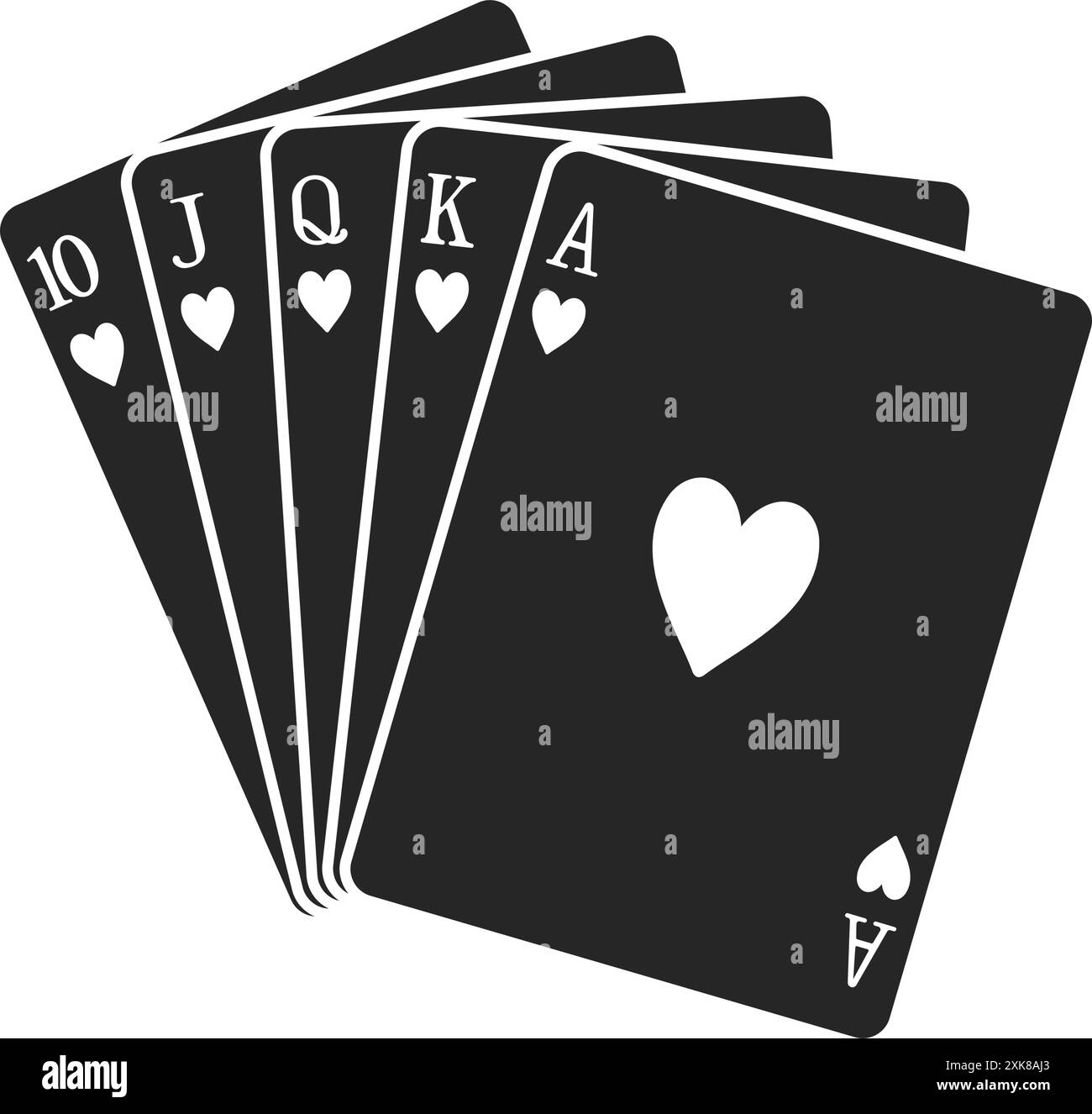 A hand of hearts playing cards including ten, jack, queen, king and ace ...