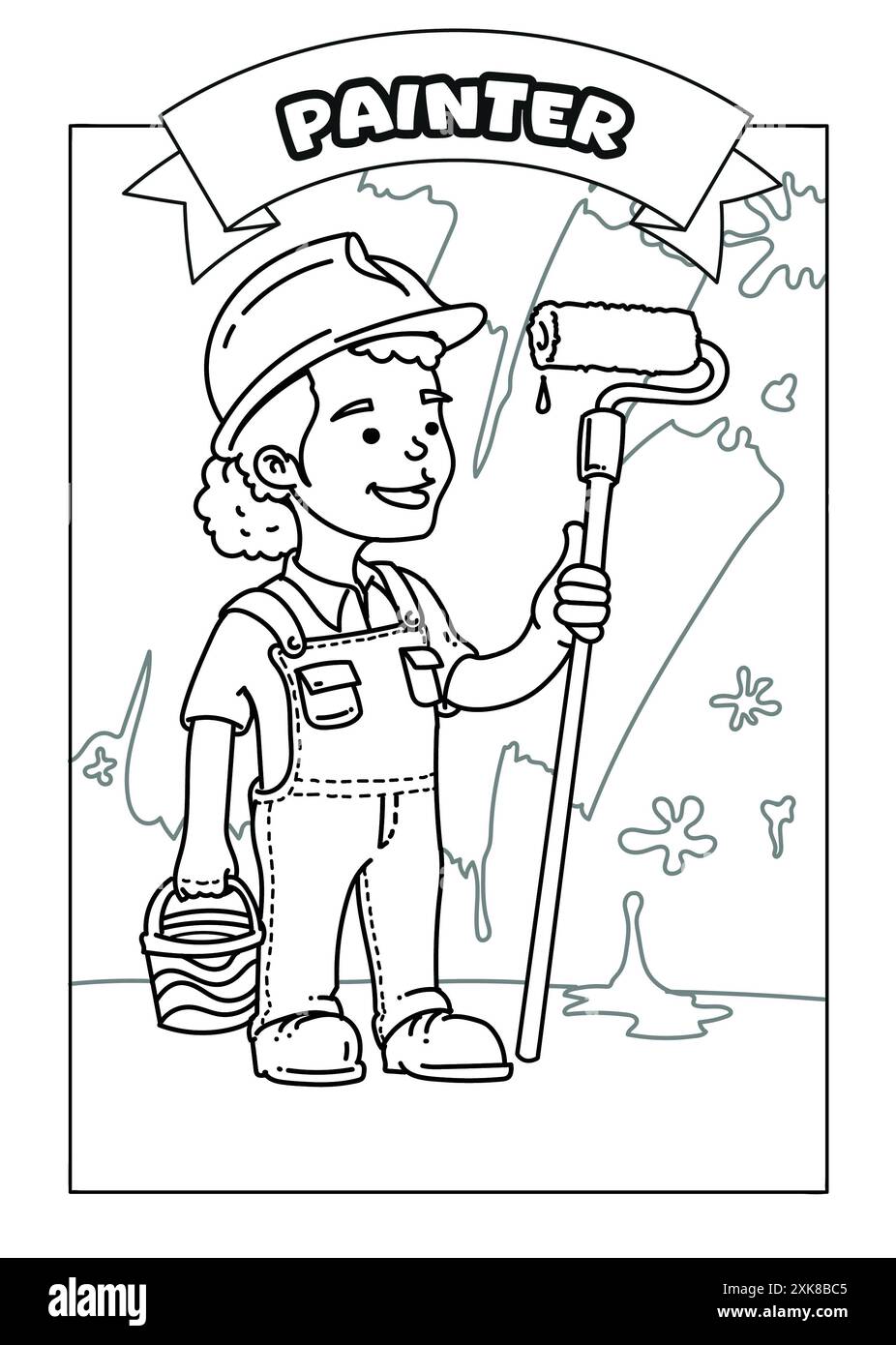 Single-line black-and-white coloring page of a painter with a brush and ...