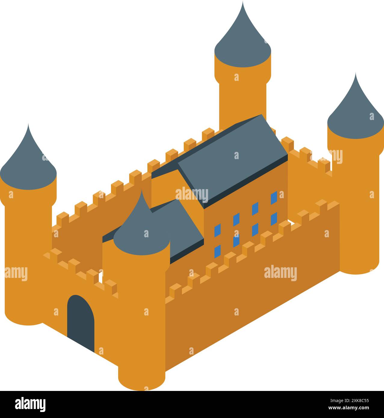 Medieval castle with towers and gate protecting the fortress, isometric ...