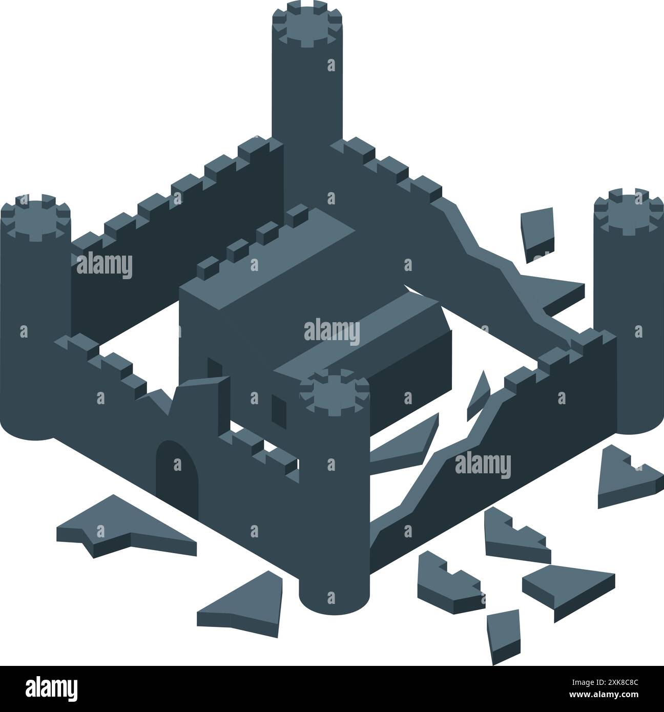 Isometric view of a medieval fortress with broken walls and towers ...