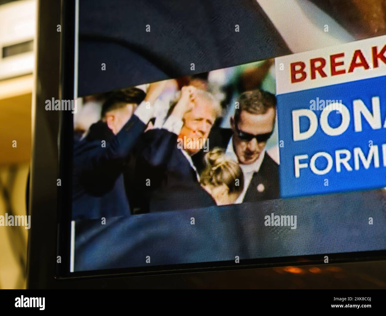 London, UK - Jul 14, 2024: Breaking news on live TV thumbnail shows Trump amid chaos and gunfire ...