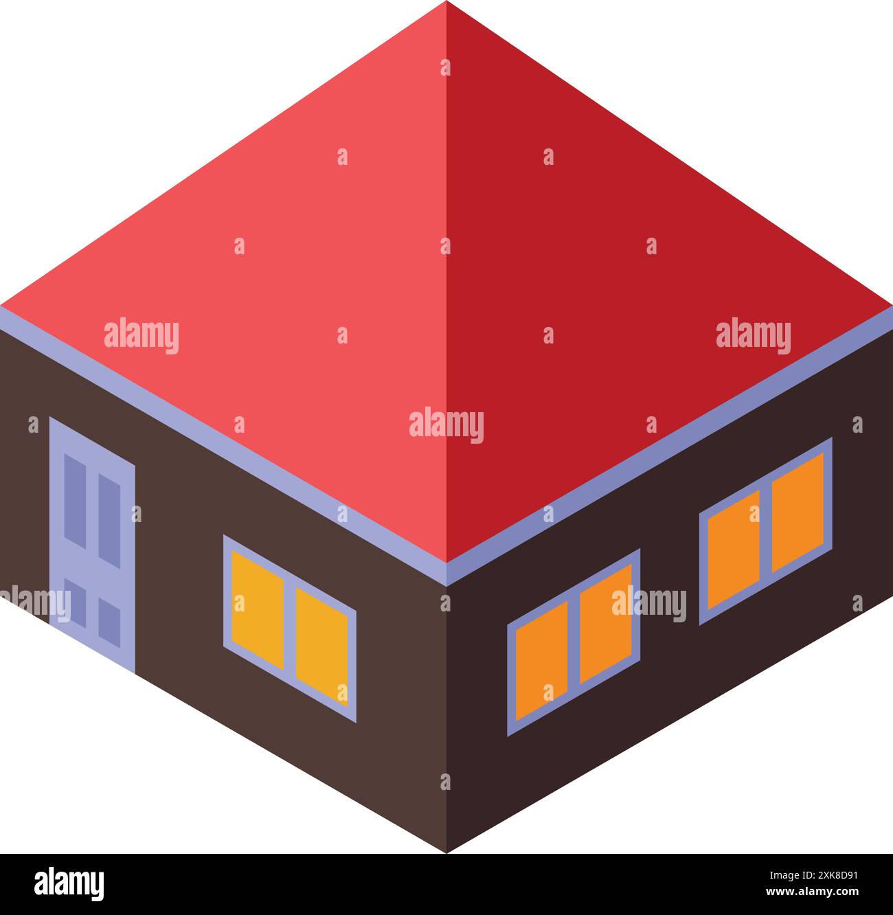 Isometric view of a house with a red roof showing windows and door ...