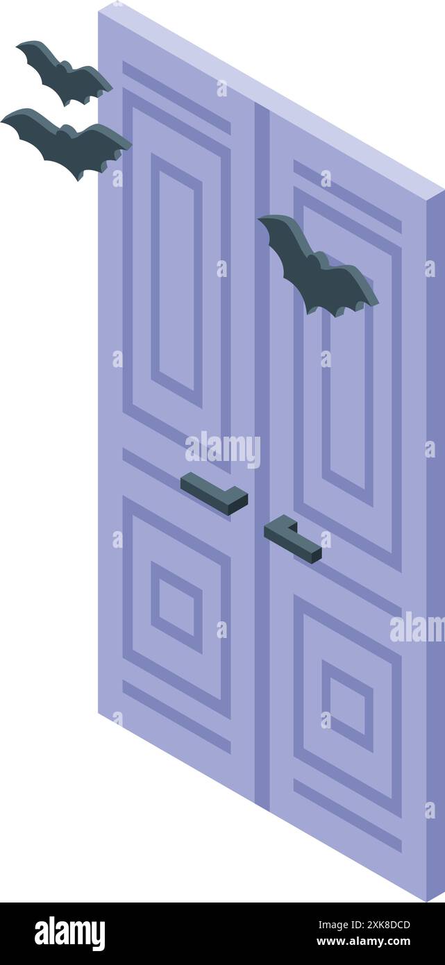 Isometric halloween door decorated with bats flying around, isolated on ...