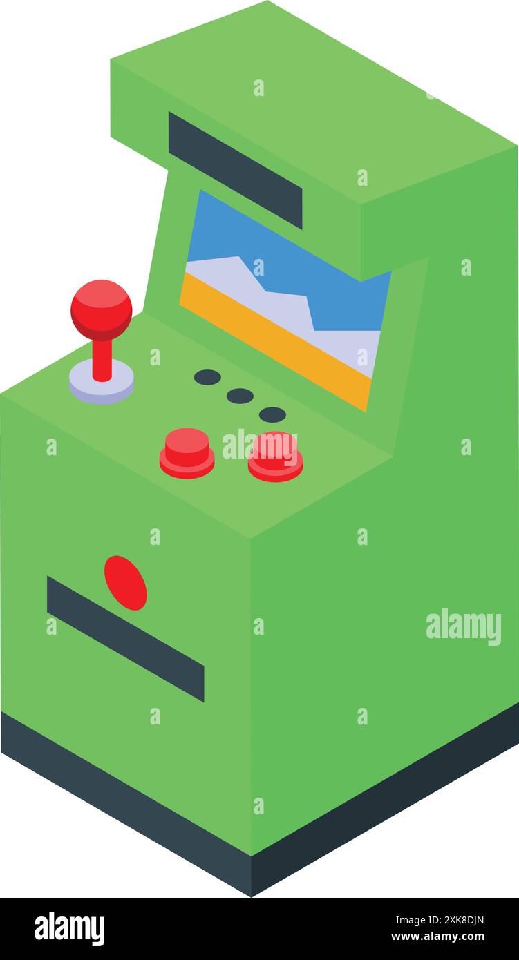 Green arcade game machine with red buttons and a joystick displaying gaming level Stock Vector ...