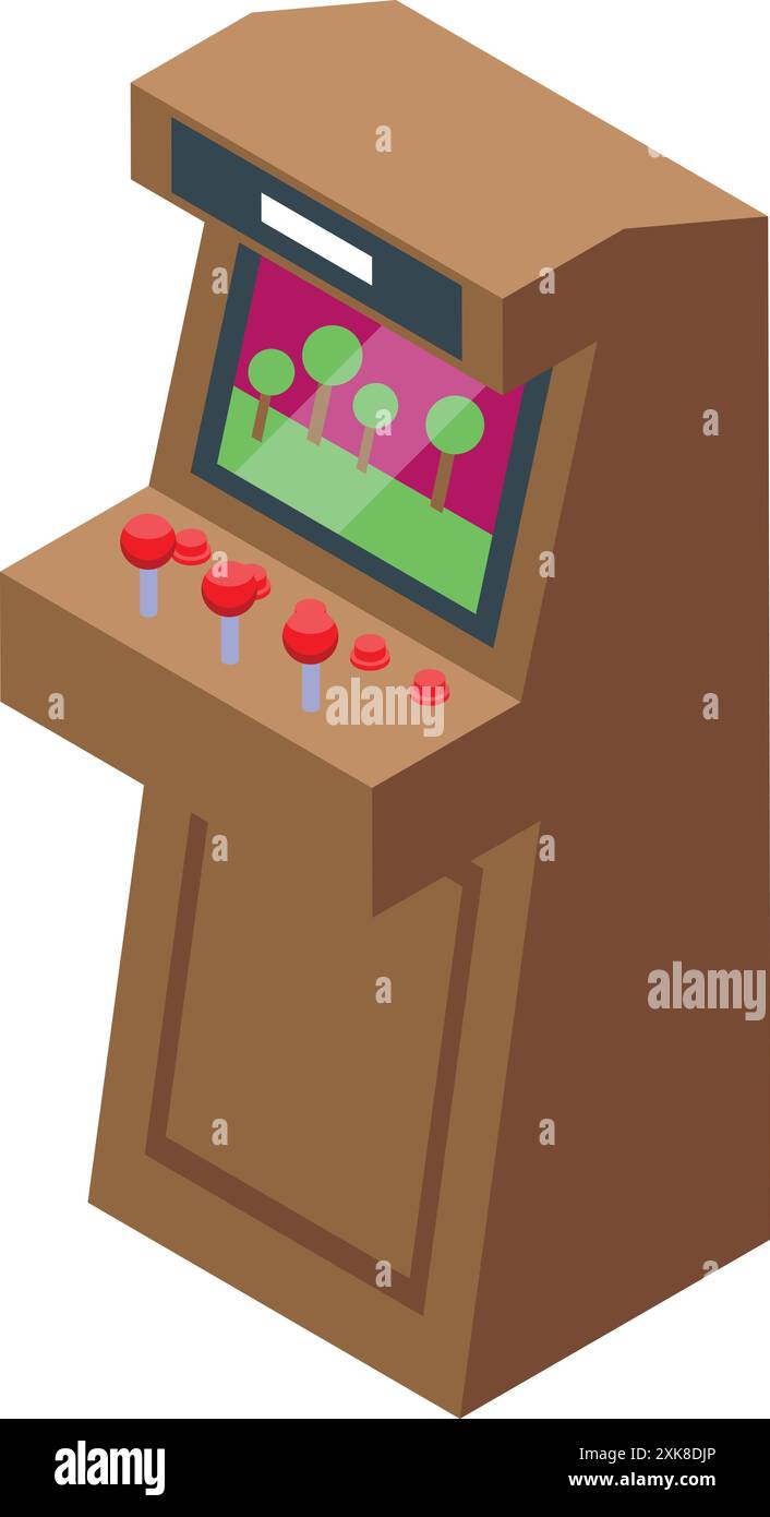 Arcade game machine with joysticks and buttons is displaying pixelated landscape on a screen ...