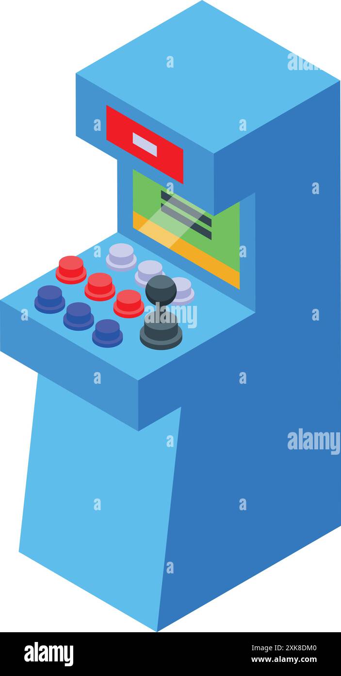 Blue arcade game machine standing featuring colorful buttons and a joystick for playing video ...