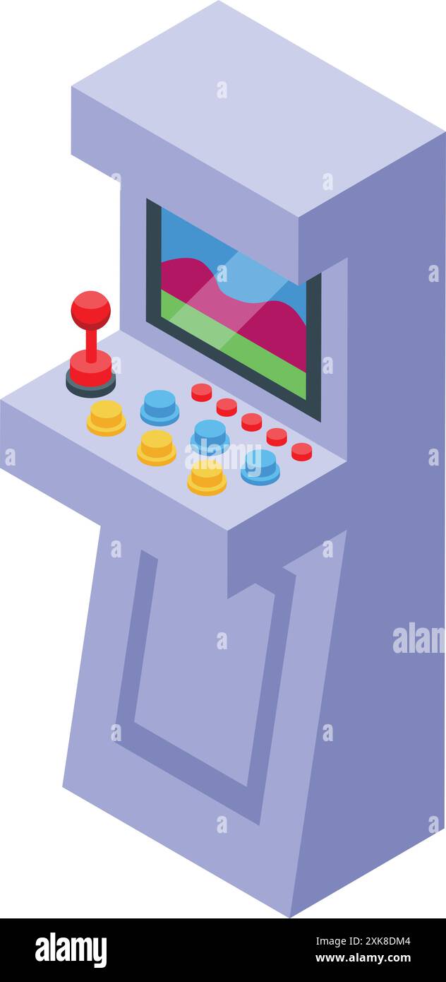 Arcade game machine with a joystick and buttons, displaying colorful pixels, is shown in this ...