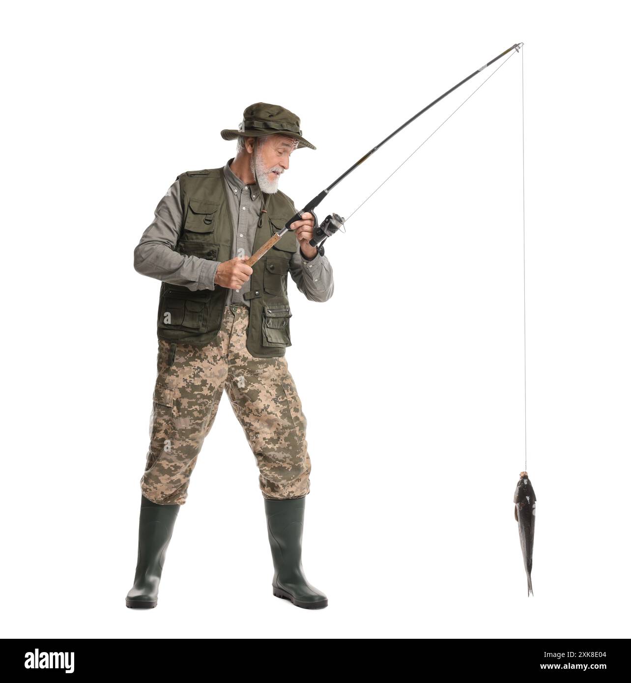 Fisherman with rod and catch on white background Stock Photo - Alamy