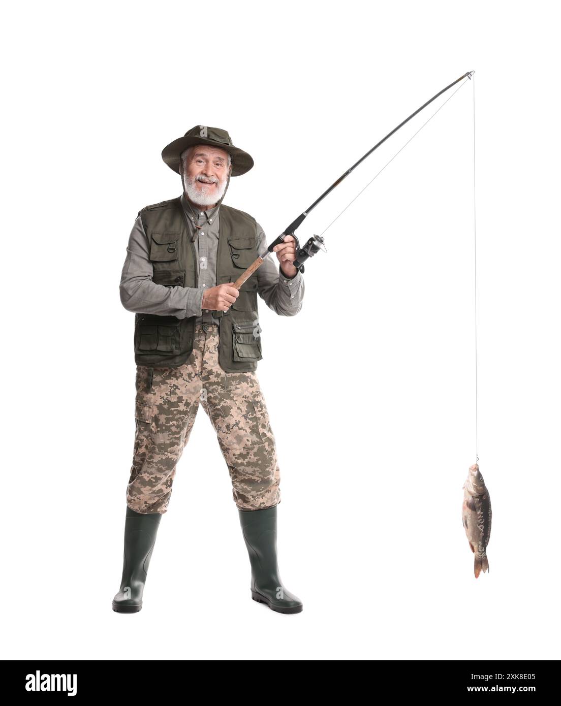 Fisherman with rod and catch on white background Stock Photo - Alamy
