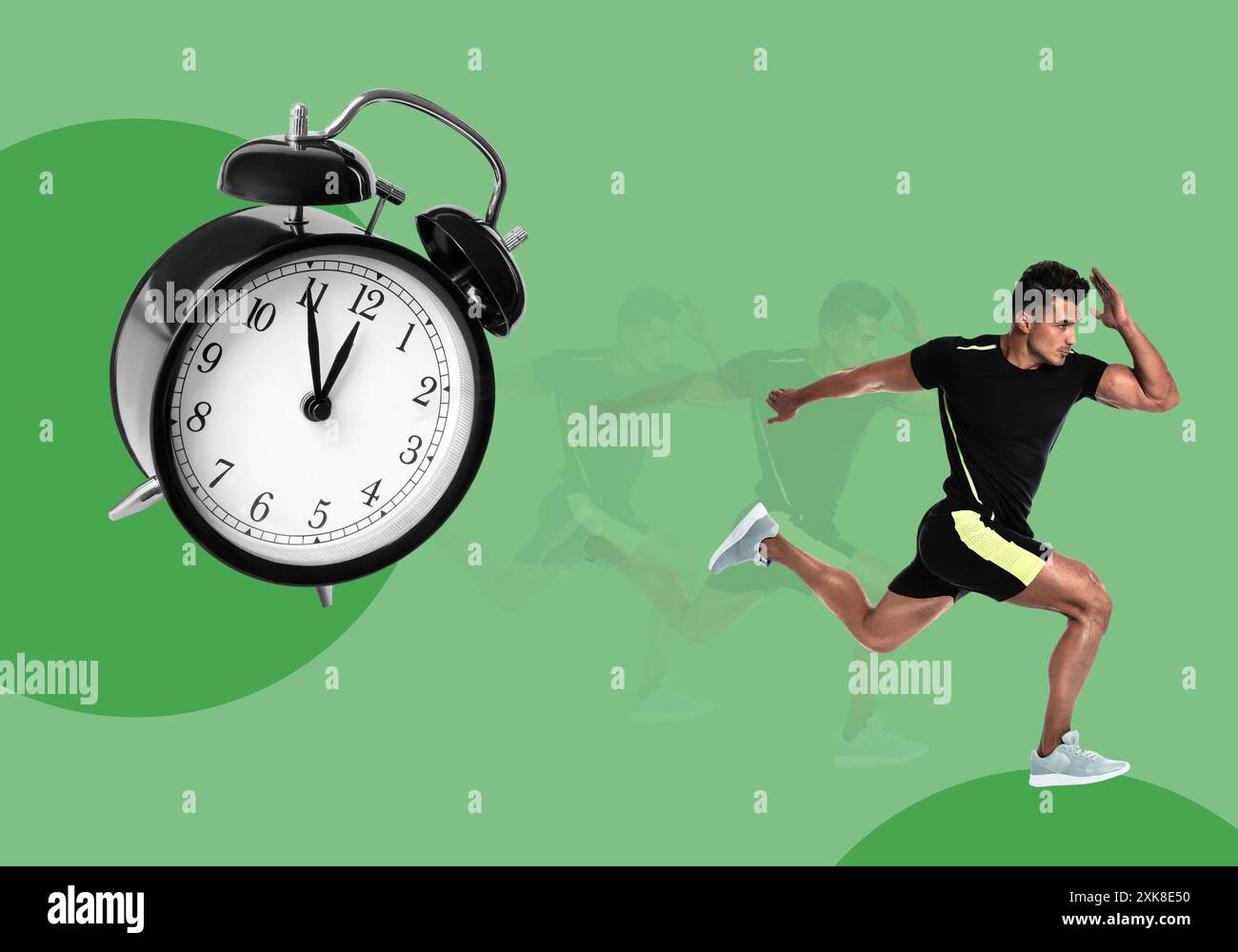 Athletic man running away from alarm clock on green background. Time ...