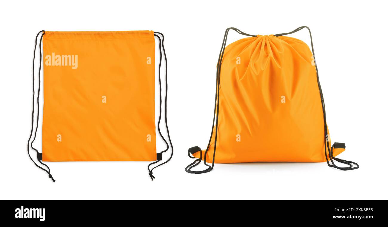 Collage of empty and filled orange drawstring bag isolated on white ...