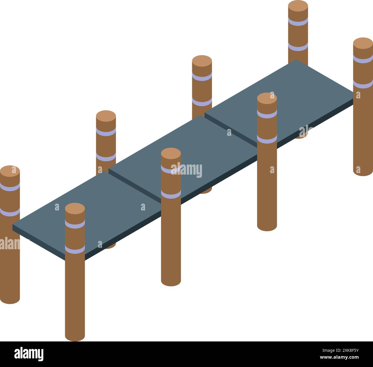Isometric wooden pier extending over water, supported by wooden posts ...