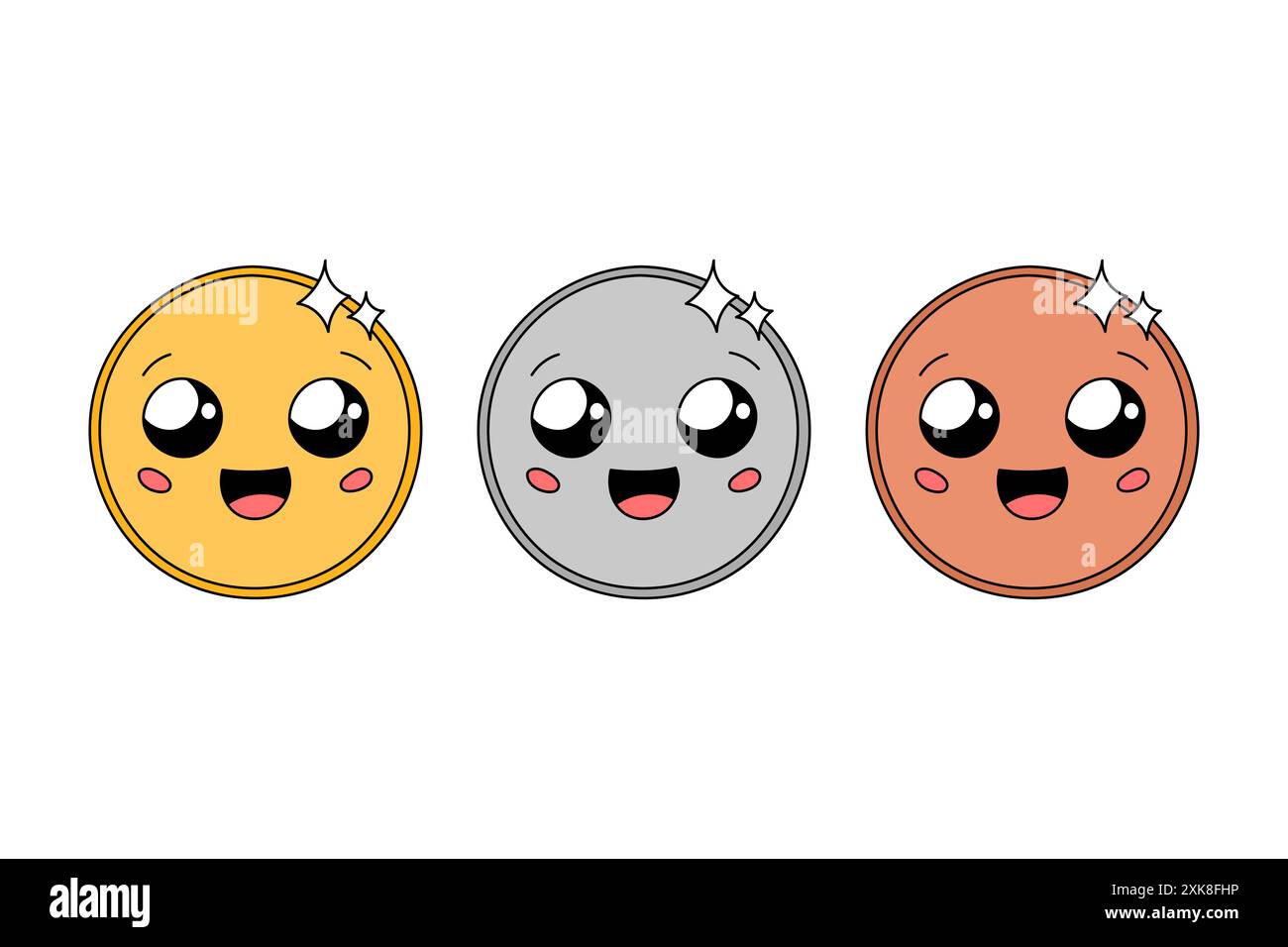 Cute smiling medals set vector illustration. Doodle golden, silver and ...