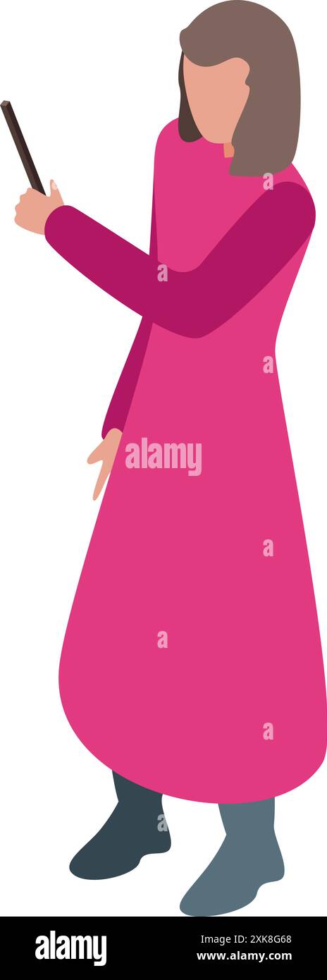 Young witch in a long pink robe is casting a spell with a magic wand ...